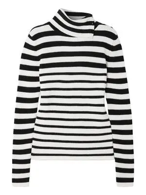 LISA YANG Sabrine Button-detailed Striped Ribbed Turtleneck Sweater - Black
