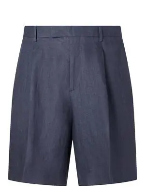 LARDINI Straight-leg Pleated Linen-twill Shorts - Blue
