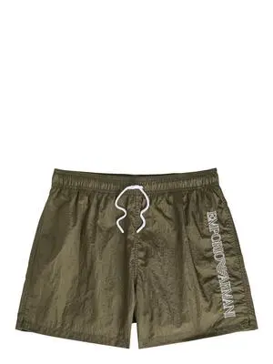 Emporio Armani Logo-embroidered Crinkled Nylon Swim Shorts - Olive