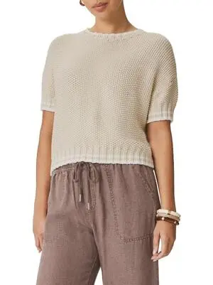 Splendid Ann Marie Short Sleeve Cotton Sweater - Light Fawn Beige/shell Grey