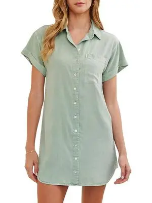 Bella Dahl Roll Sleeve Pocket Mini Shirtdress - Oasis Green