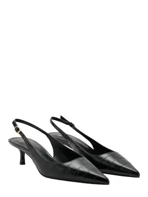 Mango Croc Embossed Slingback Kitten Heel Pumps - Black