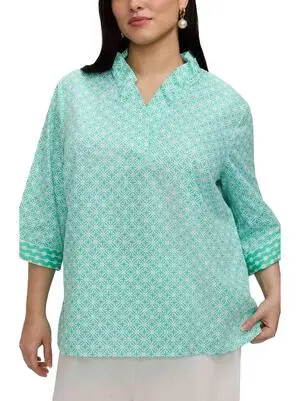Foxcroft Geo Lattice Print Ruffle Collar Cotton Top - Green/white