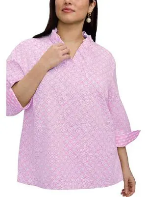 Foxcroft Geo Lattice Print Ruffle Collar Cotton Top - Pink/white