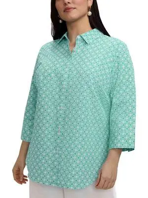 Foxcroft Margie Geo Lattice Three-quarter Sleeve Button-up Shirt - Green/white