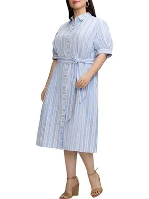 Foxcroft Esther Belted Stripe Cotton Shirt Dress - Blue Multi