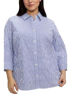 Foxcroft Hampton Stripe Three-quarter Sleeve Button-up Shirt - Blue/white