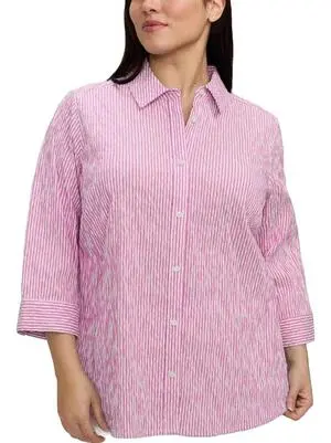 Foxcroft Hampton Stripe Three-quarter Sleeve Button-up Shirt - White/pink