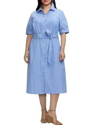 Foxcroft Esther Belted Stripe Cotton Shirtdress - Blue Multi