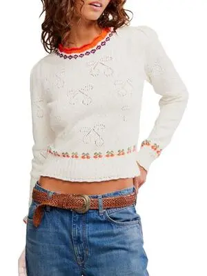 Free People Tilly Cherry Pointelle Knit Crop Sweater - Coconut Milk Combo