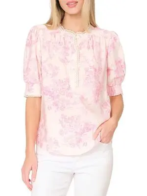 GIBSONLOOK Lace Trim Puff Sleeve Top - Romantic Toile