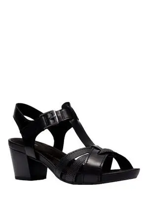 Clarks Ankle Strap Block Heel Sandal Black Leather