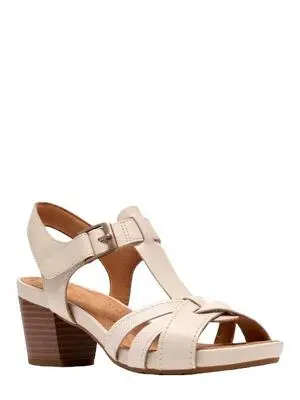 Clarks Ankle Strap Block Heel Sandal Cream Leather