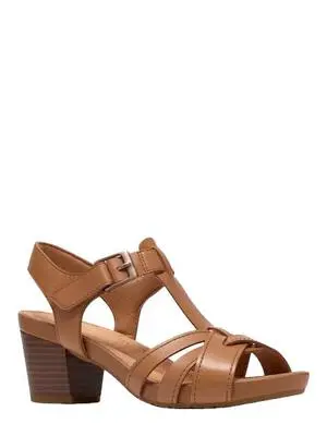 Clarks Ankle Strap Block Heel Sandal - Tan Leather