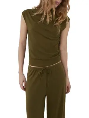 Mango Gathered Asymmetric Neck Top - Khaki Green