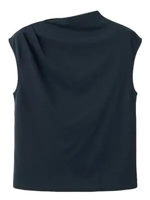 Mango Gathered Asymmetric Neck Top - Navy