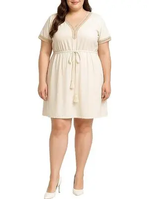STANDARDS & PRACTICES Plus V-neck Mini Dress With Lace Trim - White