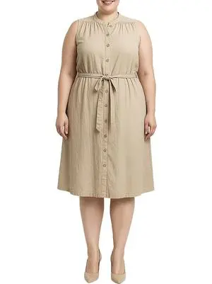 STANDARDS & PRACTICES Plus Button Front Self Tie Sleeveless Midi Dress Beige