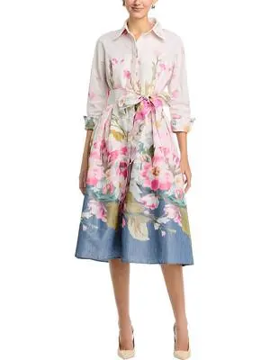 Rickie Freeman For Teri Jon Taffeta Digital Floral Shirtdress - Cream Mult