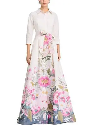 Rickie Freeman For Teri Jon Taffeta Collared Gown - Ivory Multi