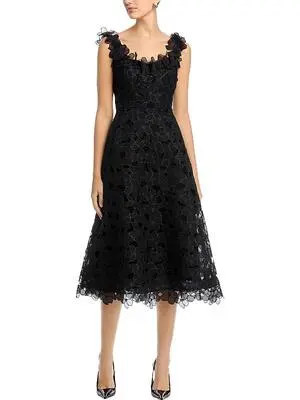 Rickie Freeman For Teri Jon Organza Lace 3d Floral Dress - Black Multi