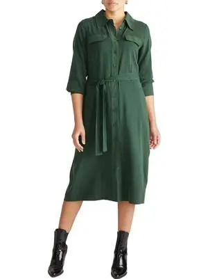 Universal Standard Cooling Long Sleeve Stretch Cupro Blend Shirtdress - Forest Green