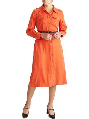 Universal Standard Cooling Long Sleeve Stretch Cupro Blend Shirtdress - Orange Flame