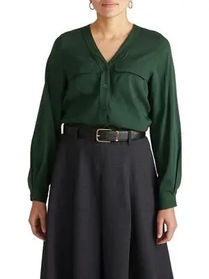Universal Standard V-neck Button-up Shirt - Forest Green