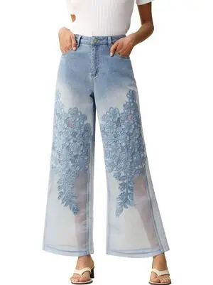 BAYEAS Embroidered High-waist Wide-leg Jeans - Light Blue