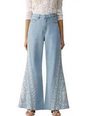 BAYEAS Embroidered High-waist Flare Jeans - Light Blue