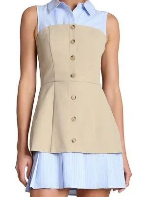 Avec Les Filles Sleeveless Twofer Dress - Khaki/blue Stripe