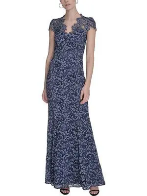 Eliza J Illusion Neck Cap Sleeved Gown - Denim