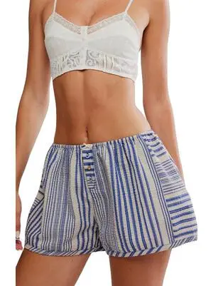 Free People Textured Stripe Cotton Boxer Shorts - Blue