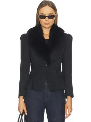 L'Agence Kaisley Fur Collar Blazer - Black Shadow Stripe