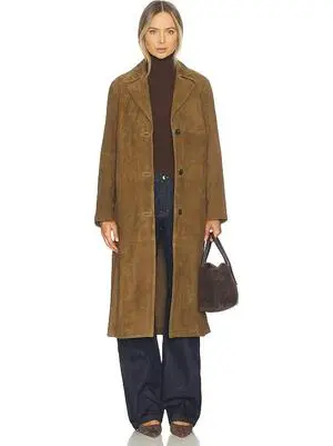 Vince Suede Leather Long Coat - Wood Moss