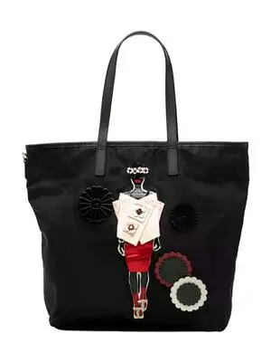 Prada Saffiano Trimmed Tessuto Applique Tote Bag - Black