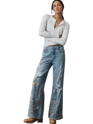 DRIFTWOOD Marlena Embroidered Wide-leg Jeans - Flower Fields