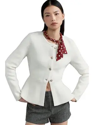 NVLT Sculpted Knit Collarless Blazer Jacket - Cream