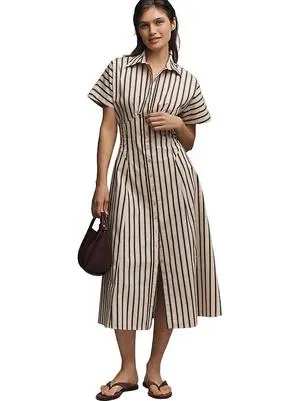 EXQUISE Short-sleeve Midi Shirt Dress - Pink/brown/green Stripe