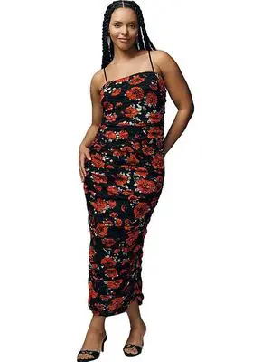 AFRM Ruched Mesh Midi Dress - Painted Roses