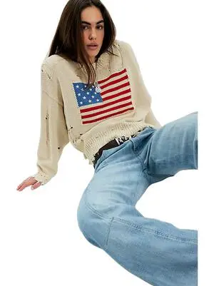 Denimist Oversized Cropped American Flag Sweater - Oatmeal