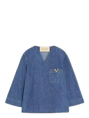 Valentino Garavani Denim Chambray Shirt With V Gold - Blue