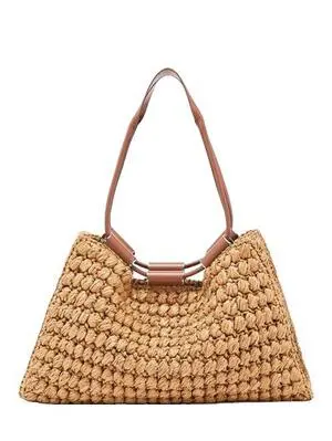 Giorgio Armani Medium Shopper Bag In Olive-stitch Raffia And Smooth Leather - Beige