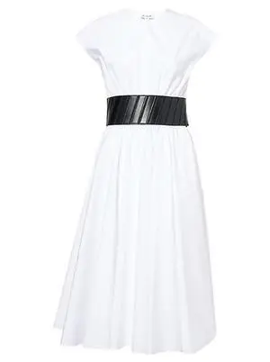 Alaïa Belted Flared Cotton-poplin Midi Dress - Blanc