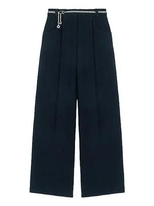 Maje Wide-leg Tweed Trousers With Chain Belt - Navy