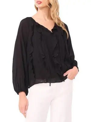 Halogen Tie Neck Ruffle Long Sleeve Top - Rich Black