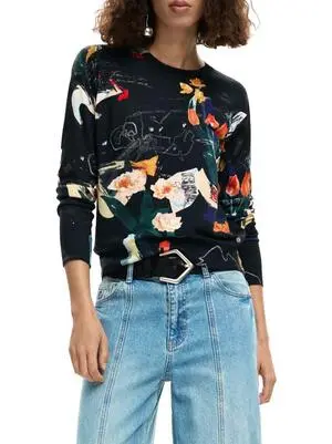 Desigual Floral Crewneck Fine Gauge Sweater - Black