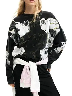 Desigual Mickey & Minnie Mouse Patch Distressed French Terry Sweatshirt - Black
