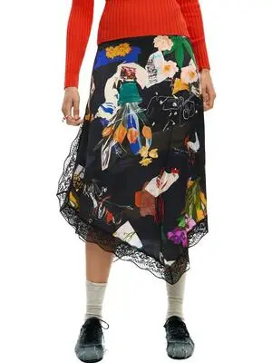 Desigual Floral Print Asymmetric Hem Skirt - Black