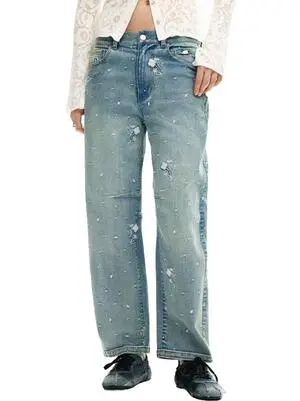 Desigual Floral Embroidery Barrel Leg Jeans - Medium Blue